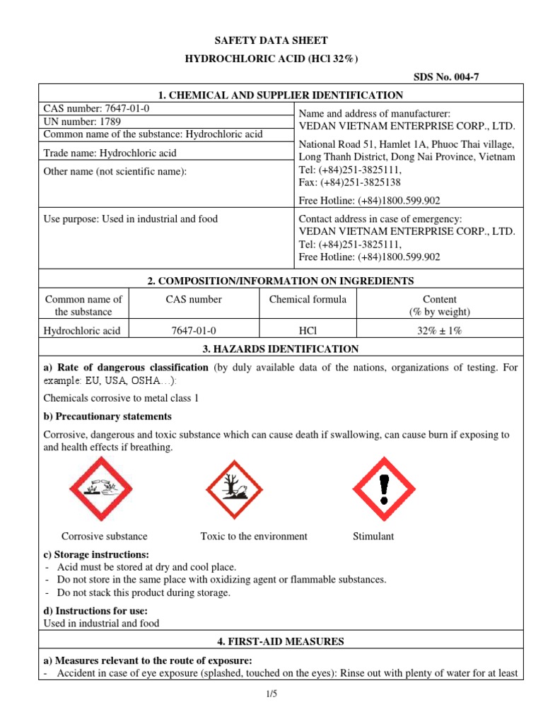 MSDS HCL EN New | PDF | Dangerous Goods | Personal Protective Equipment