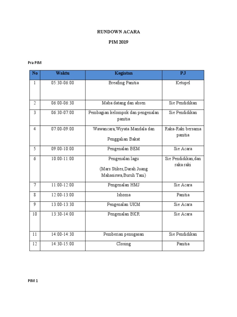 Rundown Acara Ospek PIM 2019 | PDF | Karier & Perkembangan
