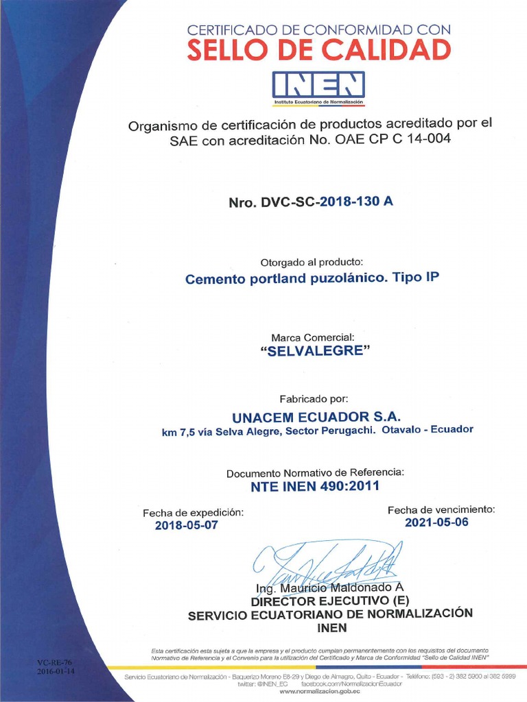 Certificado Inen Selvalegre | PDF