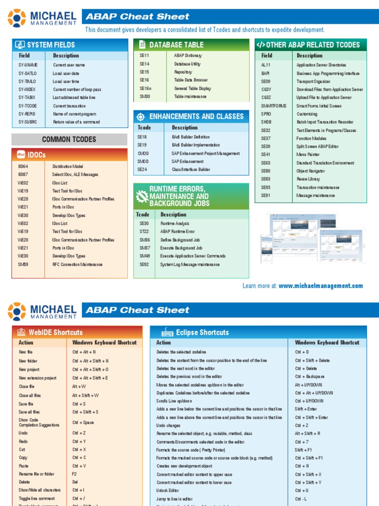 Abap Cheat Sheet System Fields Database Table Other Abap Related Tcodes Pdf Computer