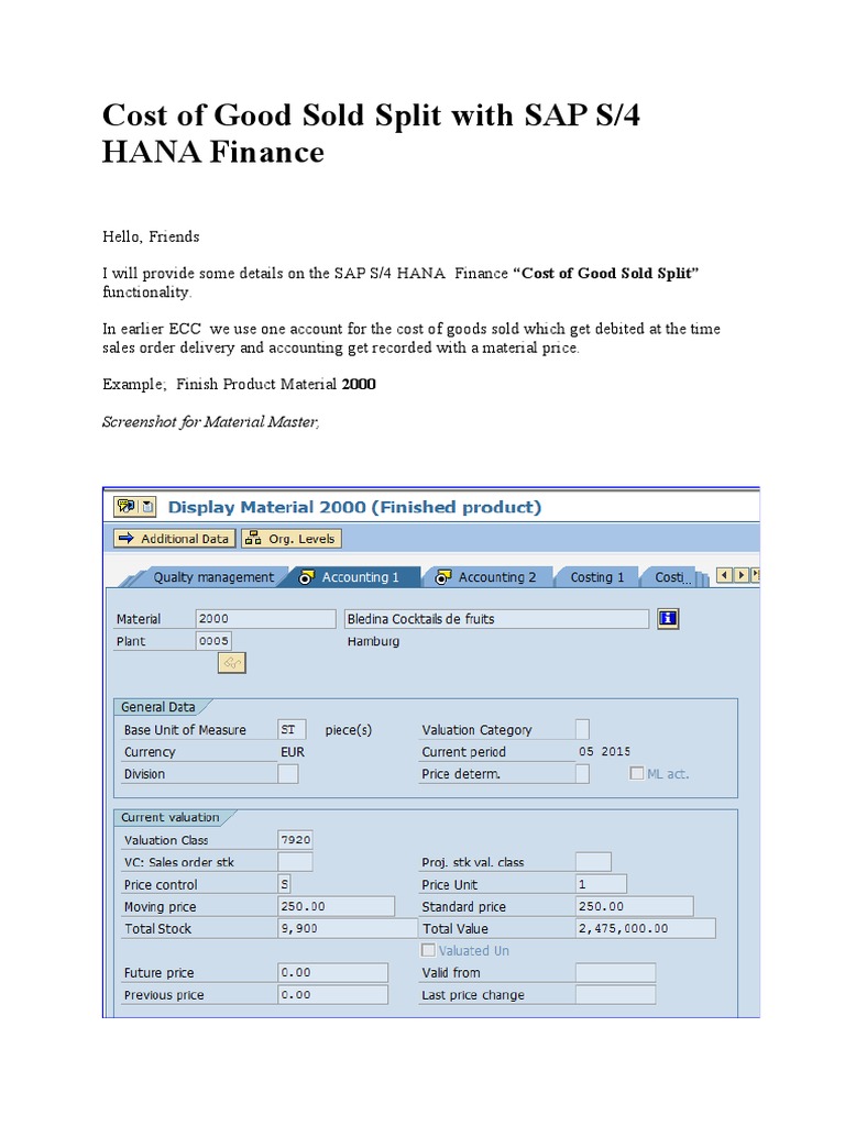 Cost of Good Sold Split With SAP S4 HANA Finance | PDF | Debits And ...