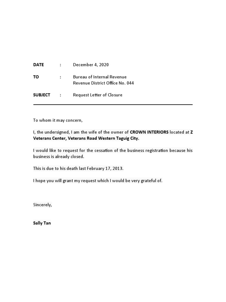 Request Letter For Closure Bir | PDF | Business | Finance & Money ...