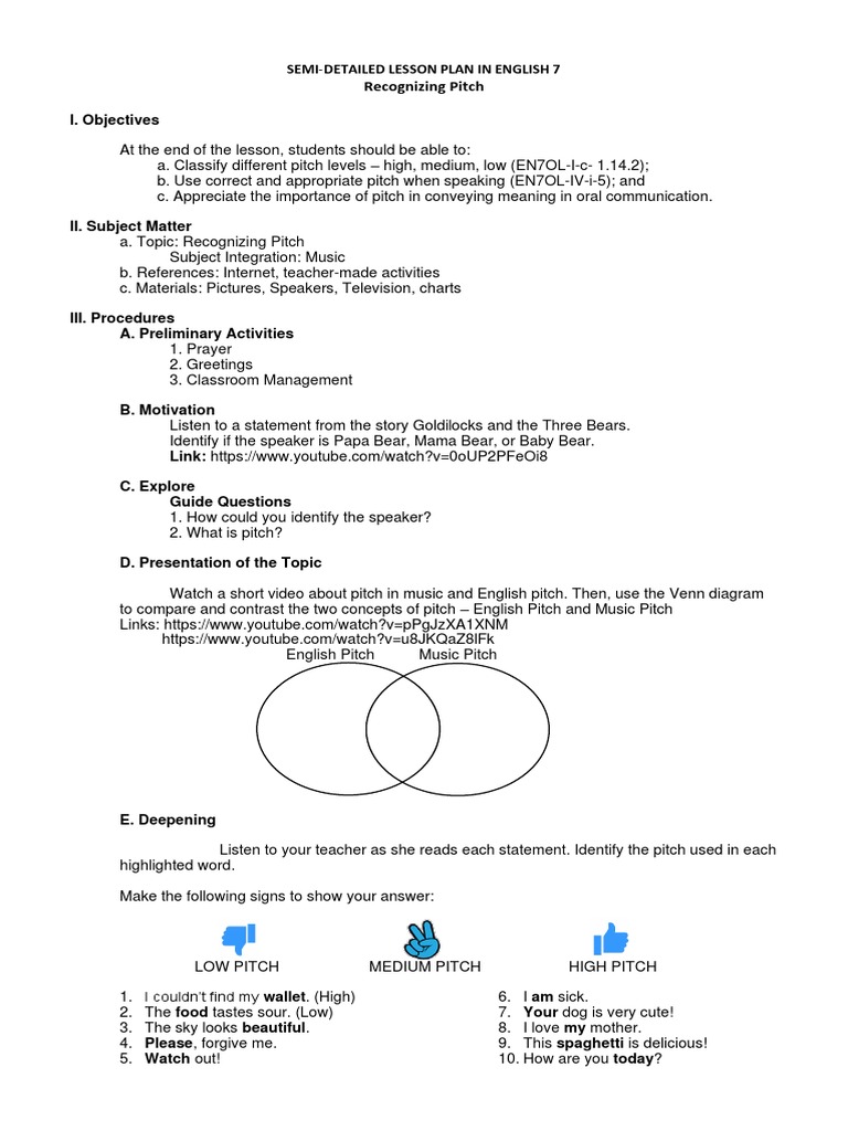 Recognizing Pitch: Lesson Plan for Grade 7 | PDF | Lesson Plan ...