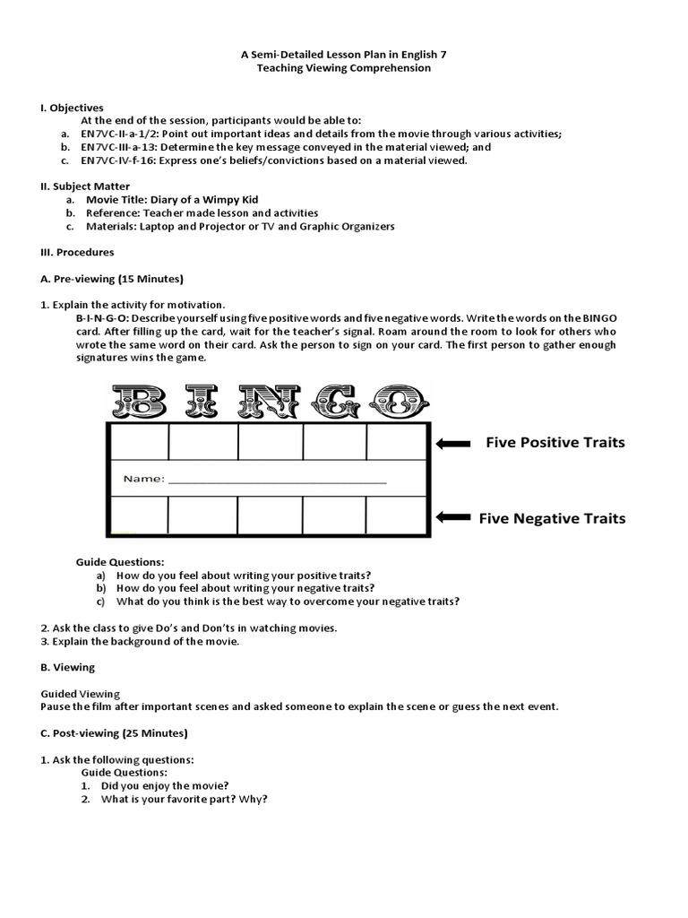 Lesson Plan On Teaching Viewing Comprehension | PDF | Lesson Plan ...