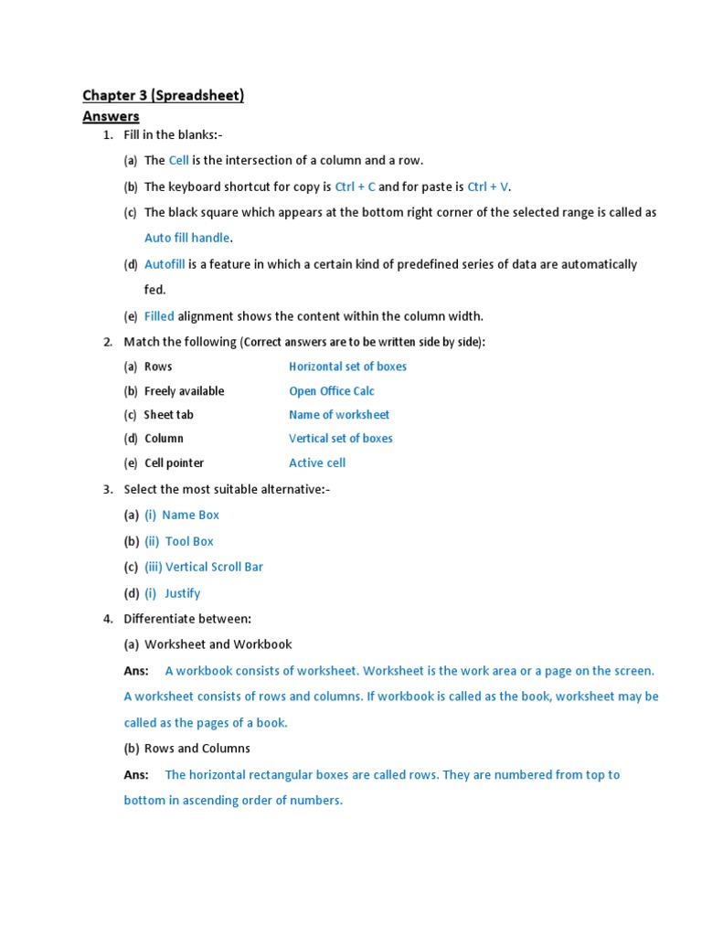Class VI Ch-3 Answers | PDF | Worksheet | Spreadsheet
