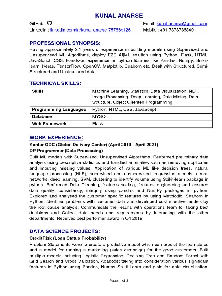 Professional Synopsis:: Kunal Anarse | PDF | Python (Programming Language) | Machine Learning