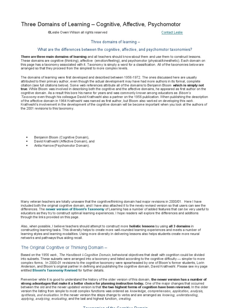 Three Domains of Learning - Cognitive, Affective, Psychomotor | PDF ...