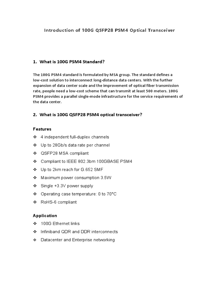 Introduction of 100G QSFP28 PSM4 Optical Transceiver | PDF | Telecommunications Equipment ...