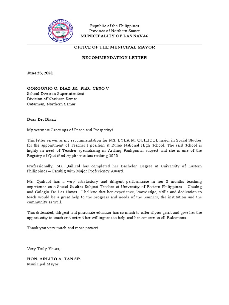 Mayors Recommendation Letter | PDF