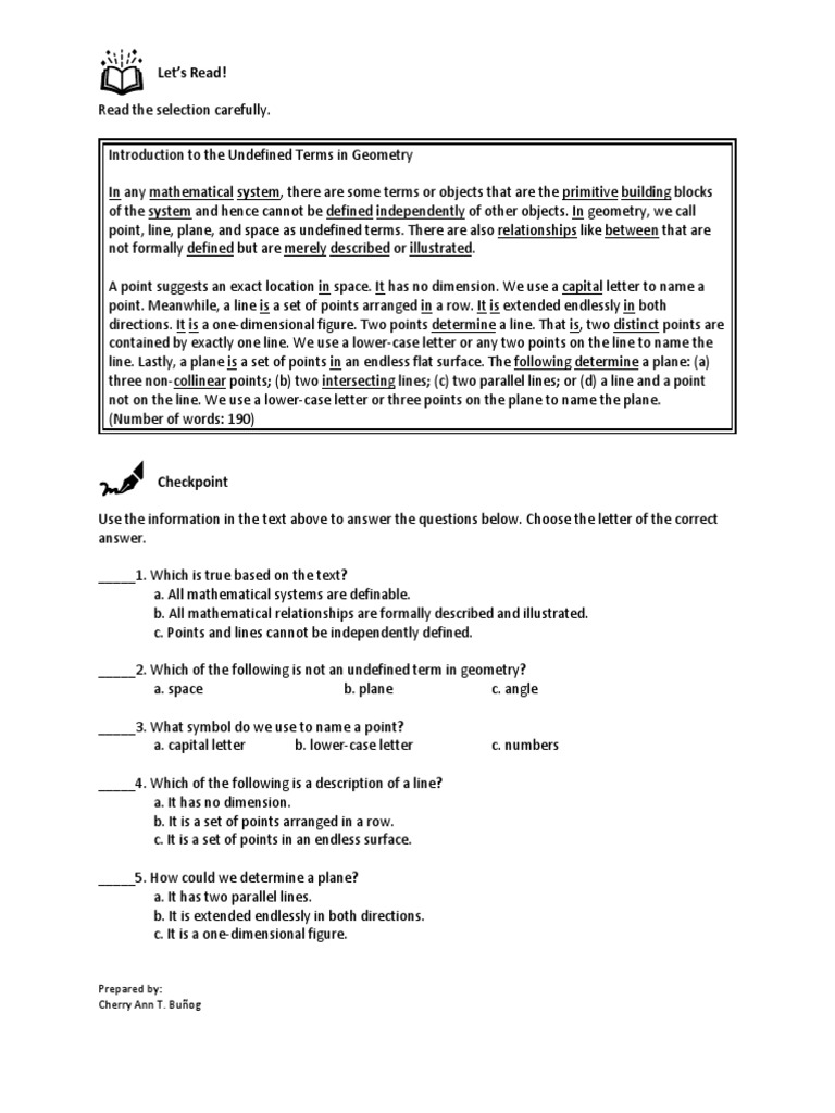 Activity On Reading Comprehension (Mathematics Integration) | PDF