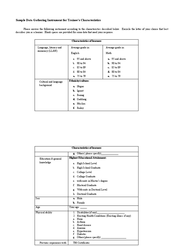 Sample Data Gathering Instrument For Trainee's Characteristics | PDF ...
