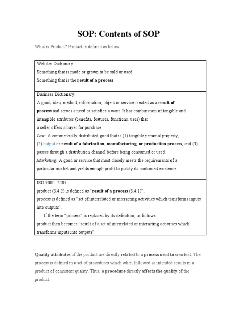 SOP: Contents of SOP: What Is Product? Product Is Defined As Below ...