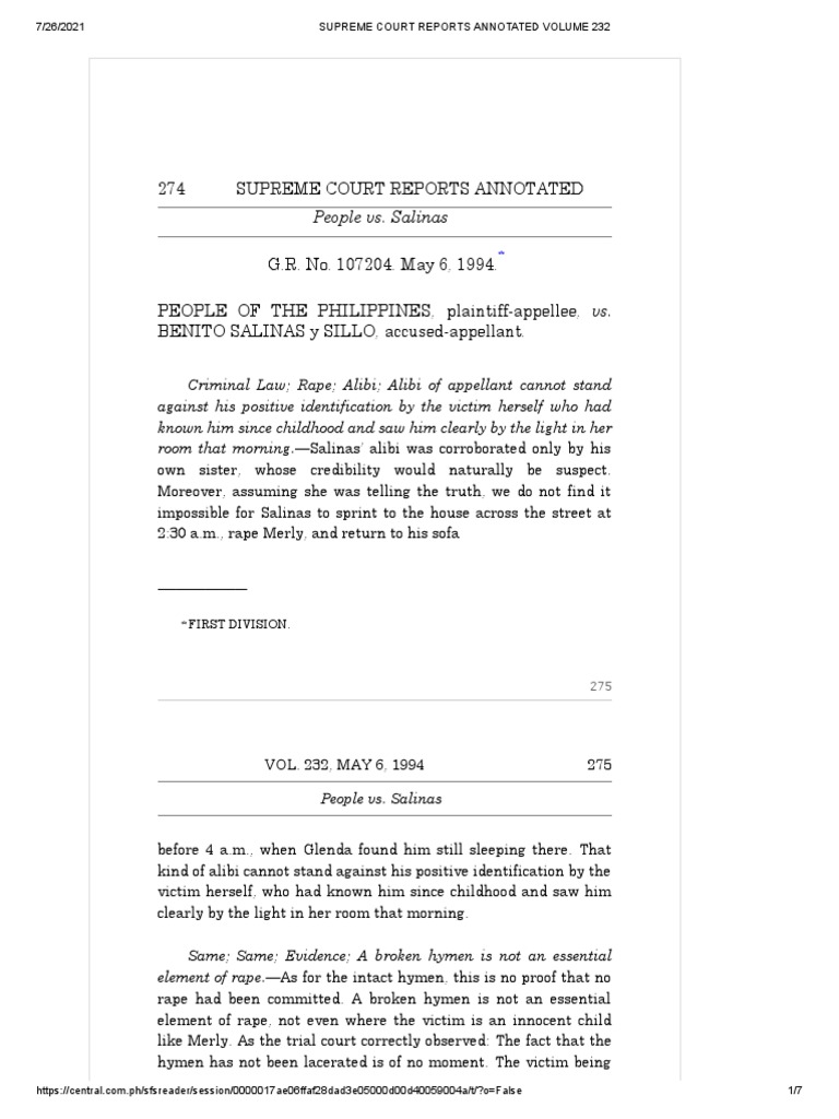 274 Supreme Court Reports Annotated: People vs. Salinas | PDF | Rape ...