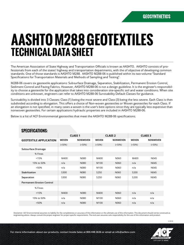 Aashto M288 Geotextiles: Technical Data Sheet | PDF | Nonwoven Fabric ...