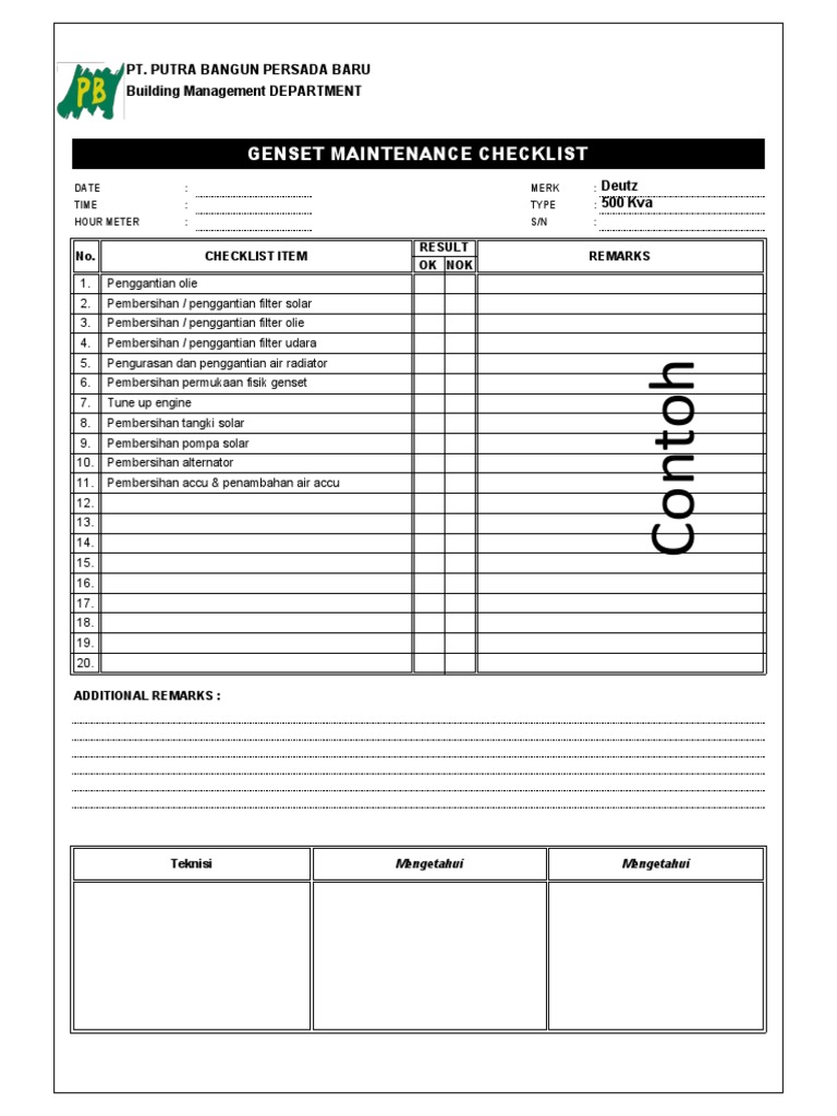 Checklist Pemeliharaan Genset Deutz | PDF | Teknologi & Rekayasa
