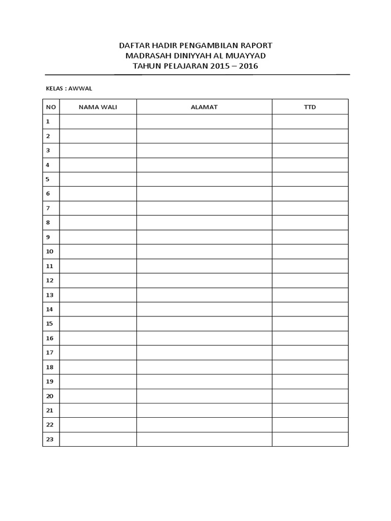 Daftar Hadir Pengambilan Raport | PDF