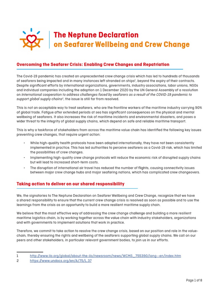 The Neptune Declaration On Seafarer Wellbeing and Crew Change | PDF ...