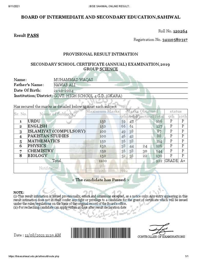 Bise Sahiwal Online Result | Download Free PDF | Educational Stages