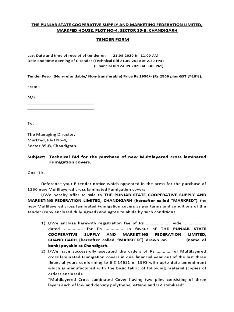 Tender Form: Tender Fee: - (Non-Refundable/ Non-Transferable) Price Rs ...