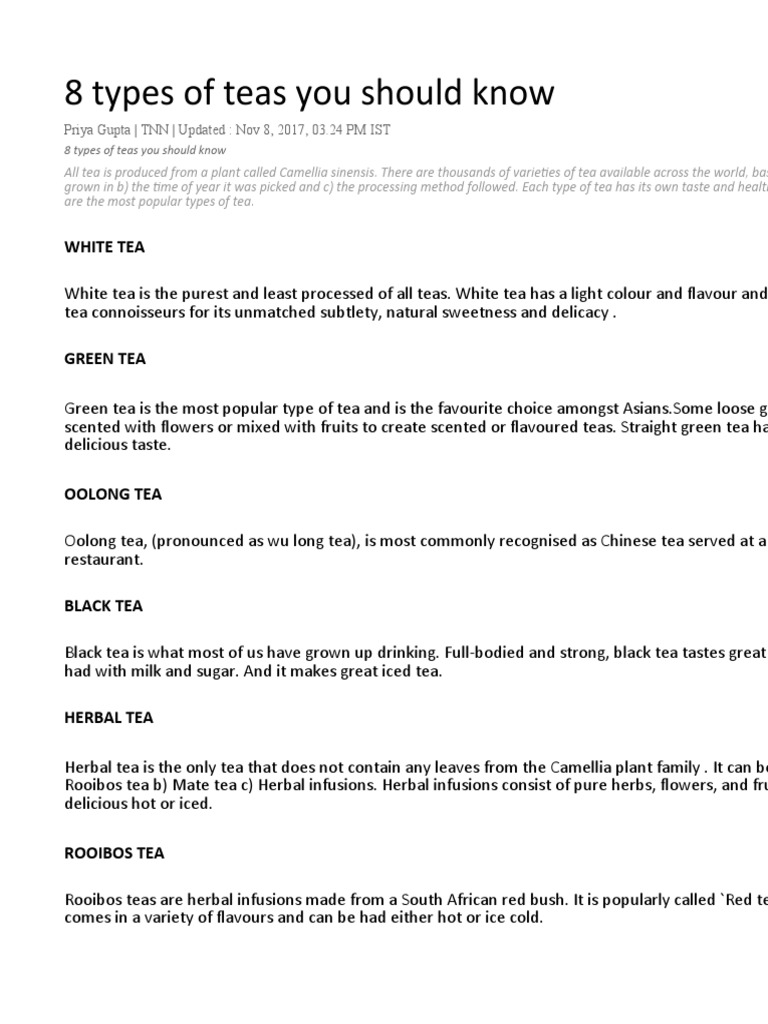 8 Types of Teas You Should Know | PDF | Tea | Green Tea