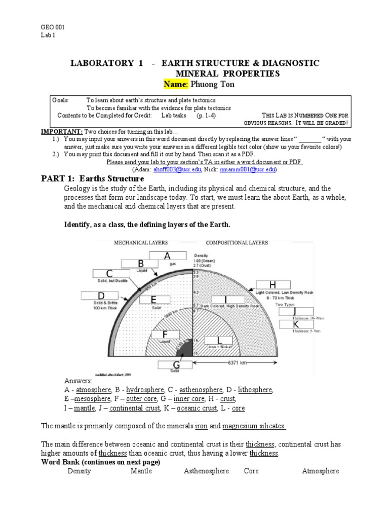 Laboratory 1 - Earth Structure & Diagnostic Mineral Properties Name ...