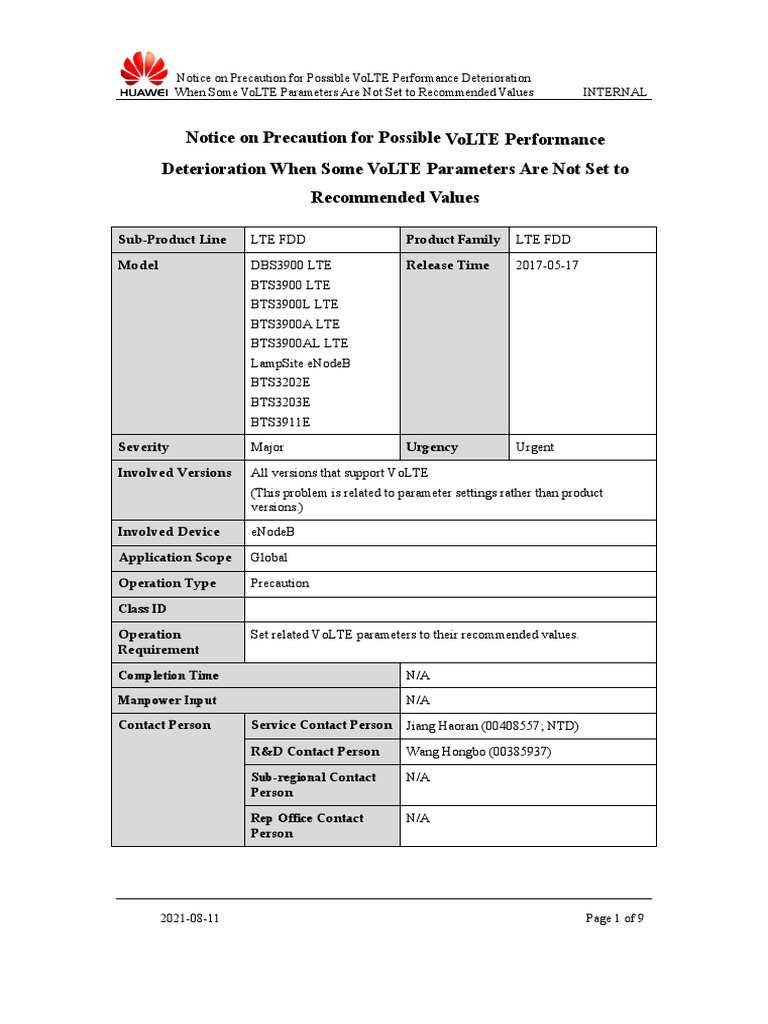 Notice On Precaution For Possible VoLTE Performance Deterioration When Some VoLTE Parameters Are ...
