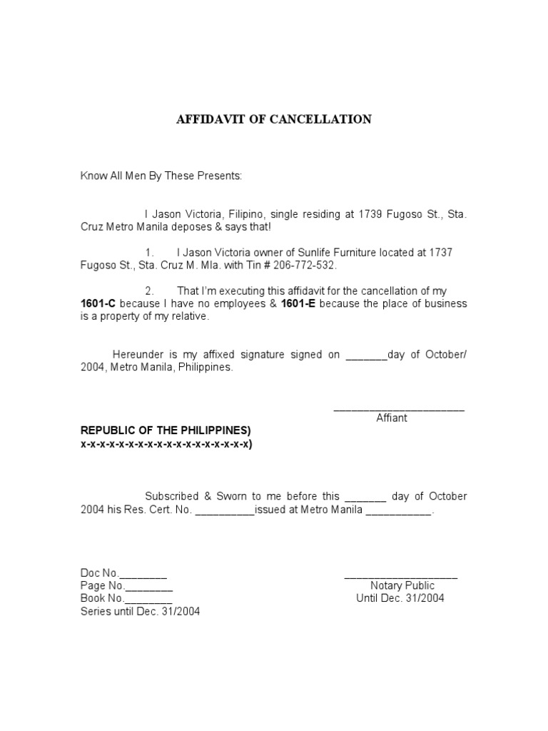 Affidavit for Cancellation of Business Permits Due to Change in ...
