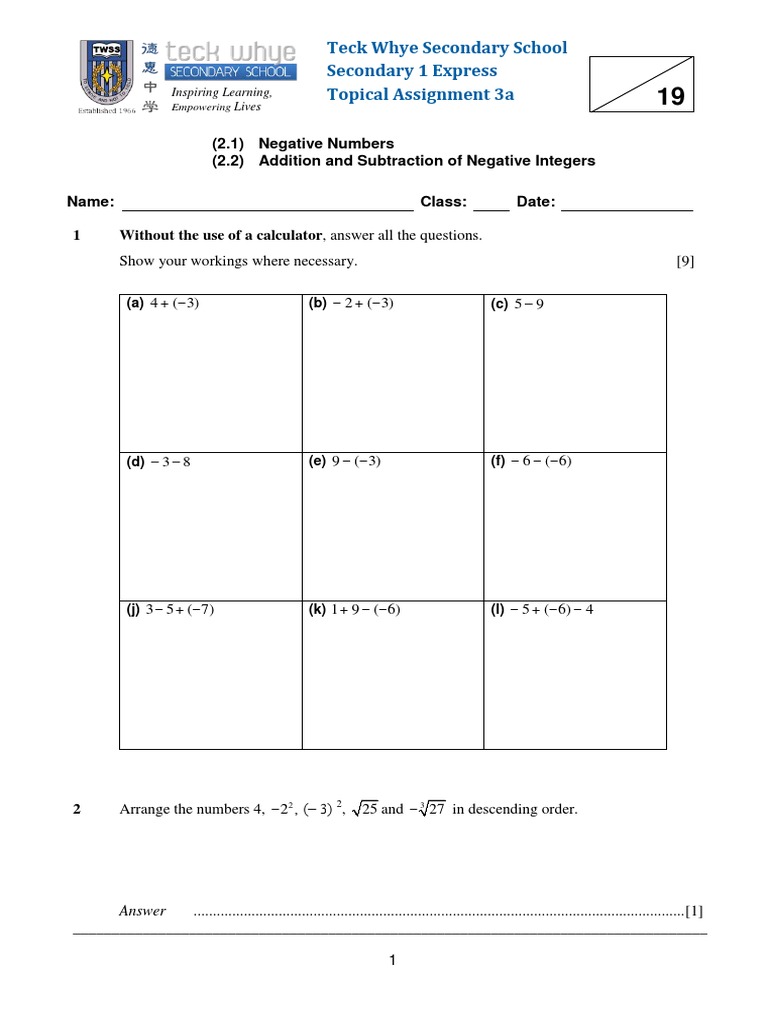 Negative Numbers and Operations Assignment | PDF | Numbers | Arithmetic