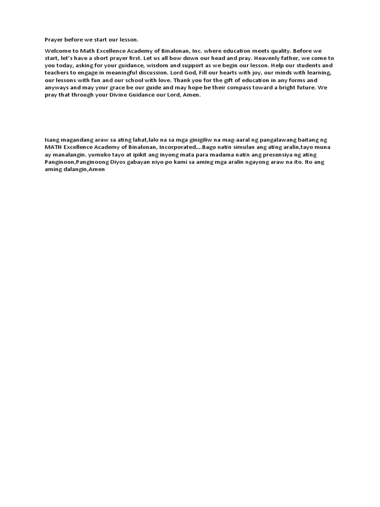 Prayer to Start Math Class | PDF