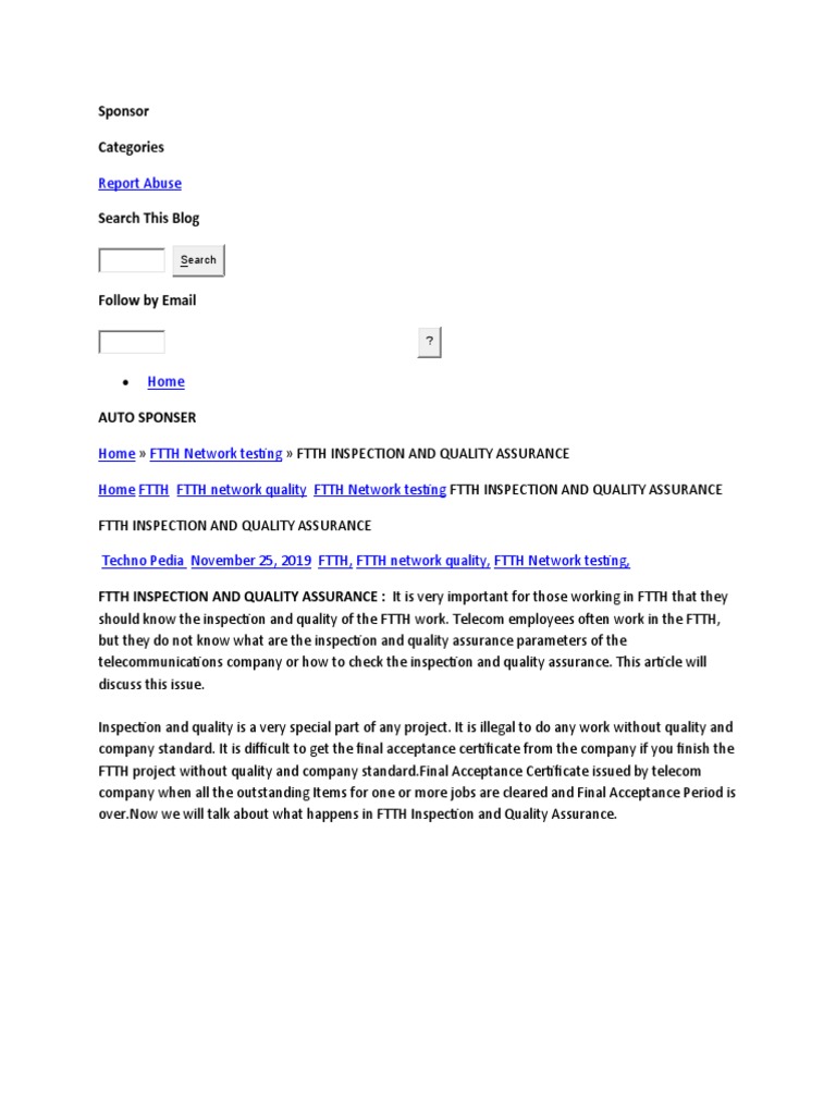 FTTH Inspection & Quality Assurance Guide | PDF | Specification ...