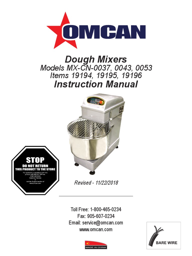 Dough Mixers Instruction Manual: Models MX-CN-0037, 0043, 0053 Items ...