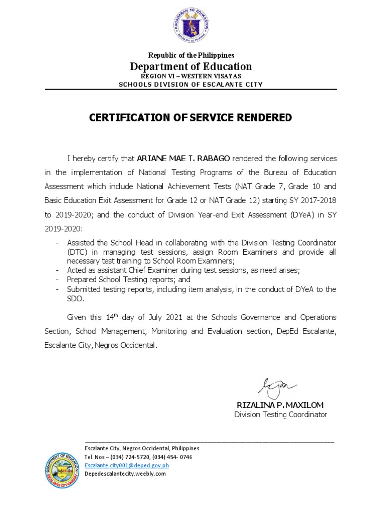 Certification of Service Rendered | PDF