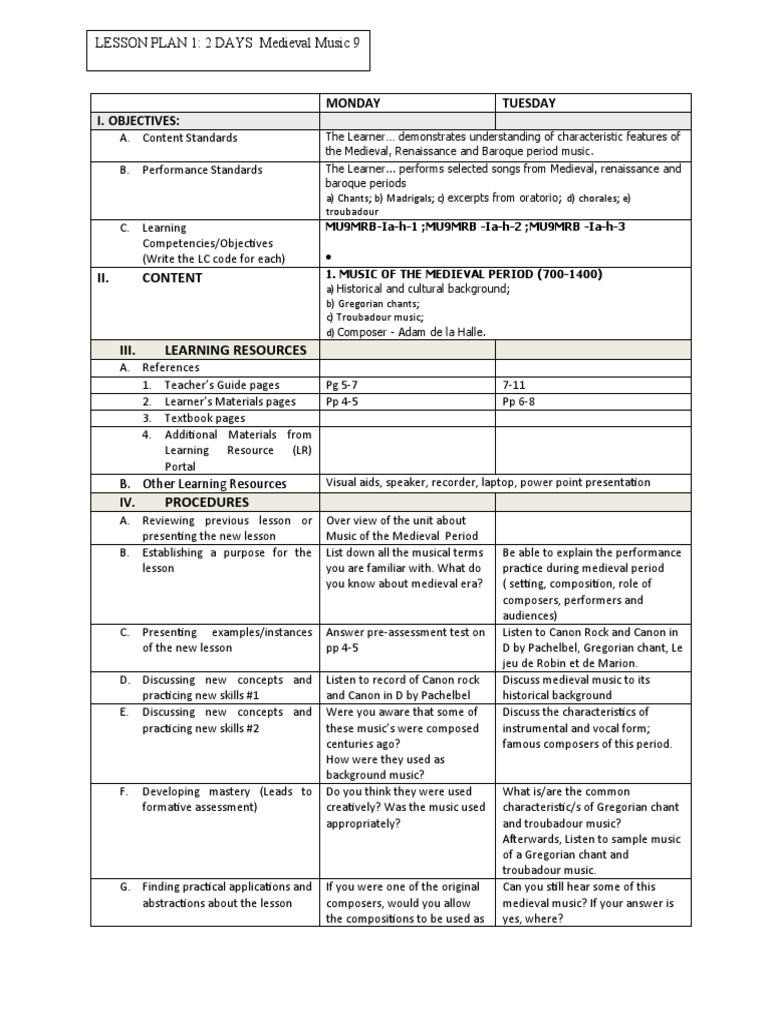 5 Lesson Plan in Music 9 | PDF | Gregorian Chant | Concerto