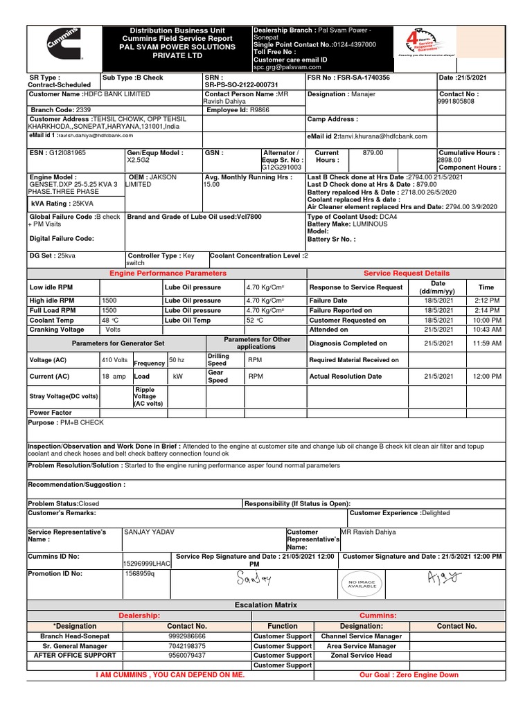 Distribution Business Unit Cummins Field Service Report Pal Svam Power ...