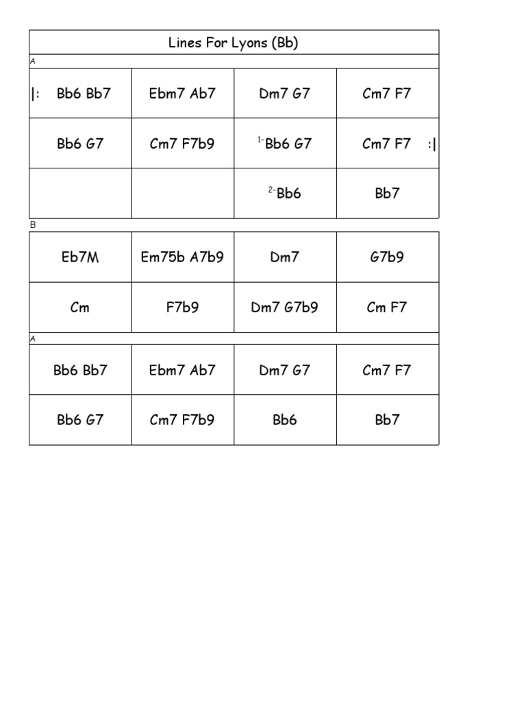 Lines For Lyons (BB) - : Bb6 Bb7 Ebm7 Ab7 Dm7 G7 Cm7 F7 Bb6 G7 Cm7 F7b9 ...