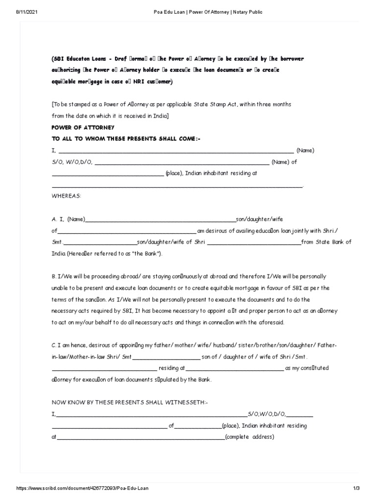 Poa Edu Loan - Power of Attorney - Notary Public | PDF | Power Of ...