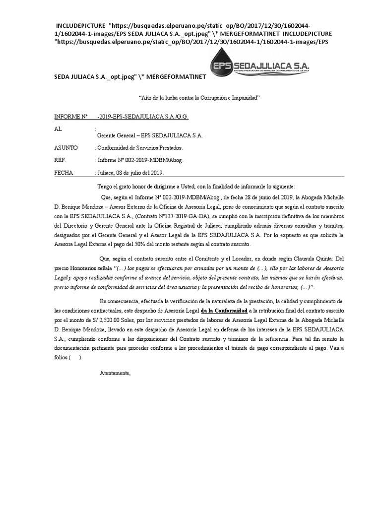 Informe de Conformidad A La Retribución Final Por Los Servicios Prestados de La Abog Michelle D ...