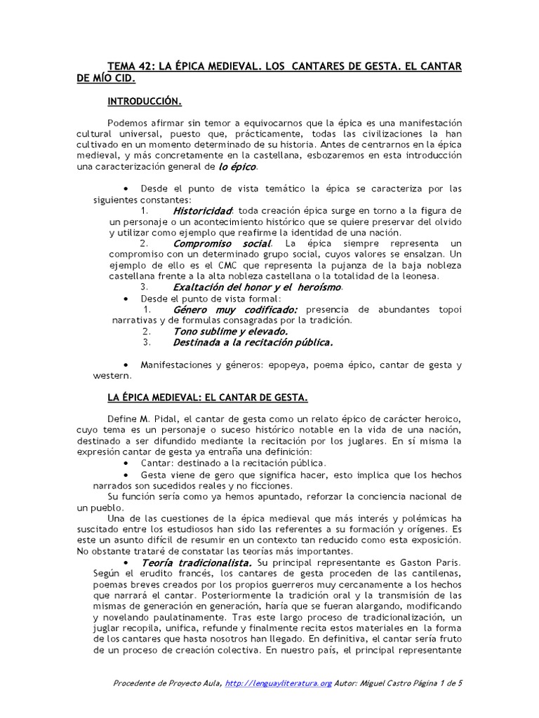 Tema 42 La Épica Medieval. Los Cantares de Gesta. El Cantar de Mío Cid ...