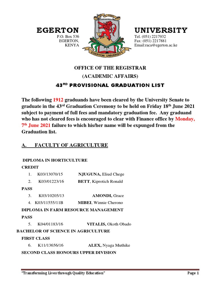 Egerton University 43rd Graduation List | PDF | Academic Degree ...