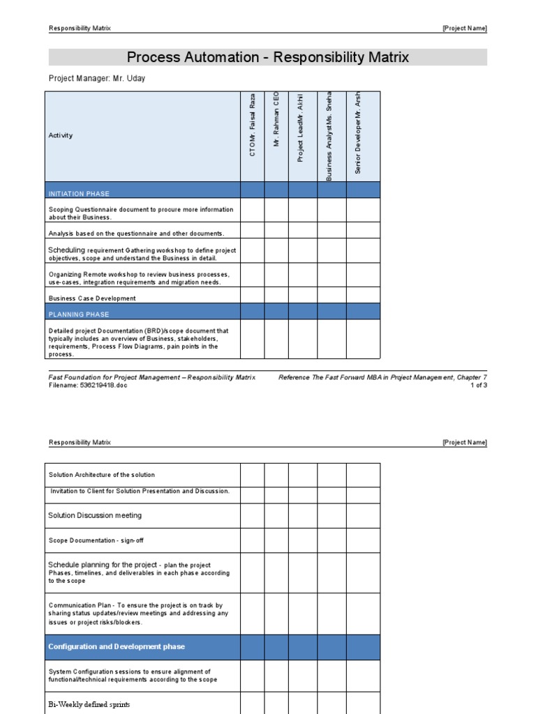 Process Automation - Responsibility Matrix: Project Manager: Mr. Uday ...