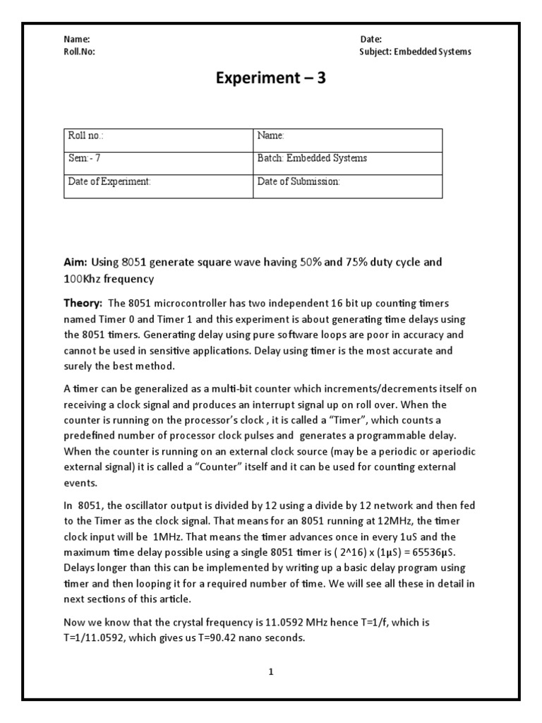 Experiment - 3: Aim: Using 8051 Generate Square Wave Having 50% and 75% ...