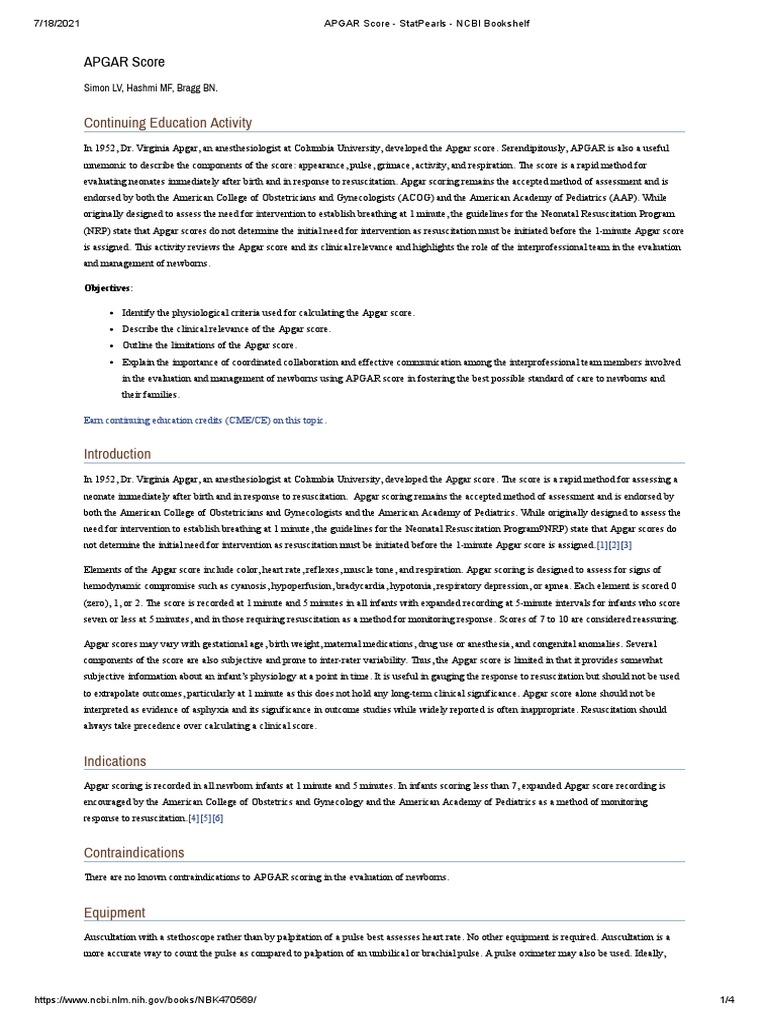 APGAR Score - StatPearls - NCBI Bookshelf | PDF | Medical Specialties ...