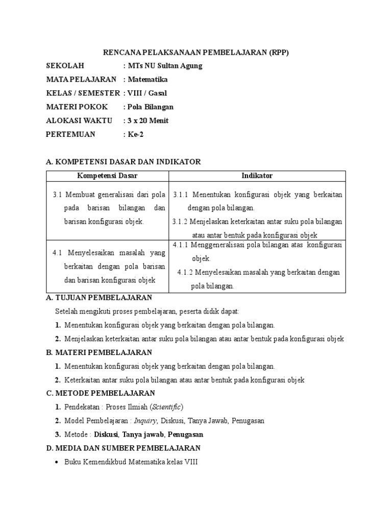 RPP Pertemuan 2 Pola Bilangan | PDF | Karier & Perkembangan