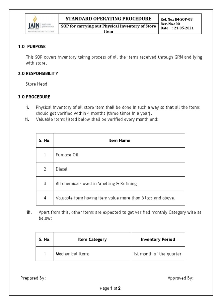 JM-SOP-08 SOP For Carrying Out Physical Inventory of Store Item | PDF ...