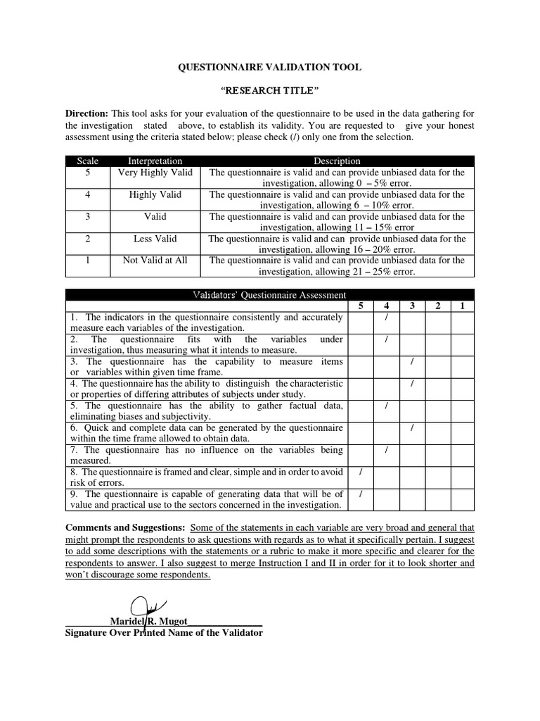 QUESTIONNAIRE-VALIDATION-TOOL - Maridel | PDF | Questionnaire | Bias QUESTIONNAIRE-VALIDATION-TOOL - Maridel | PDF | Questionnaire | Bias