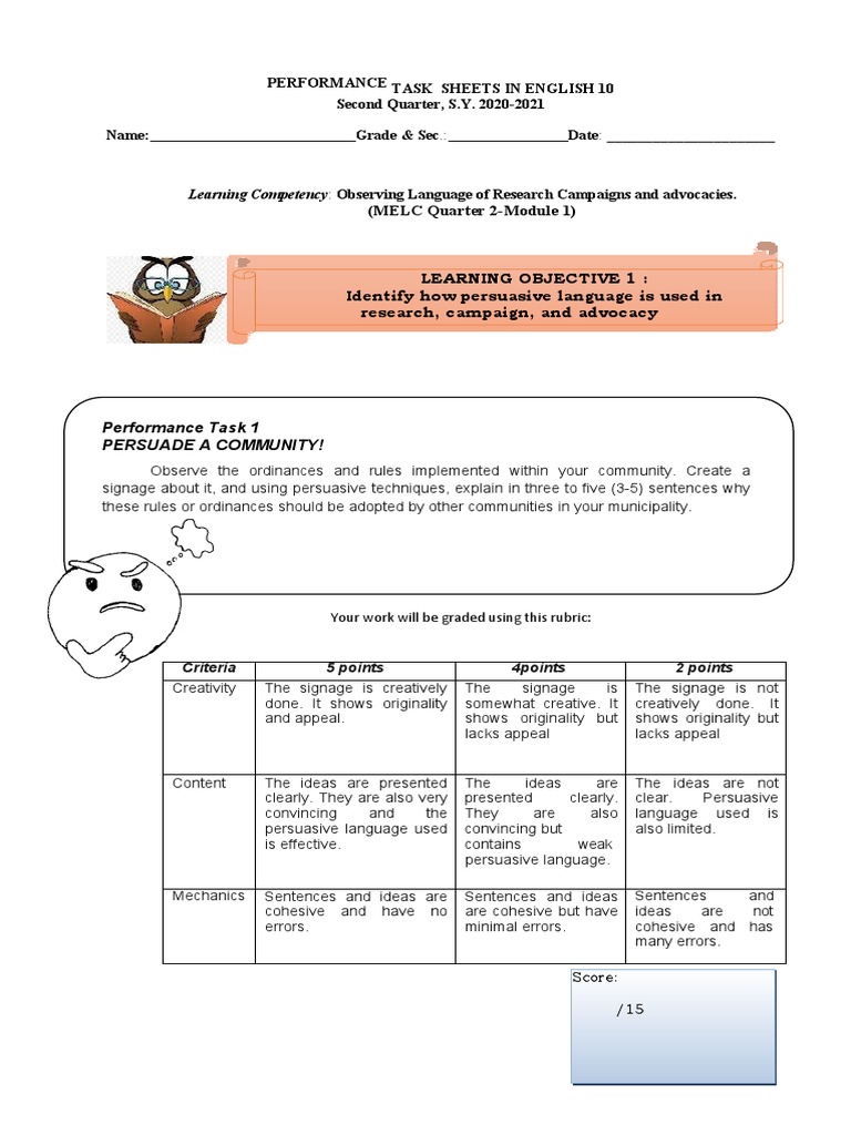 English Performance Task Q2 Students | PDF | Rubric (Academic) | Persuasion