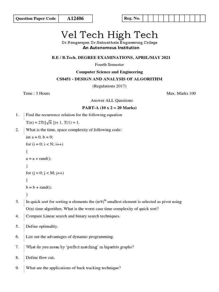 Vel Tech High Tech: Reg. No. Question Paper Code | PDF | Time Complexity | Dynamic Programming