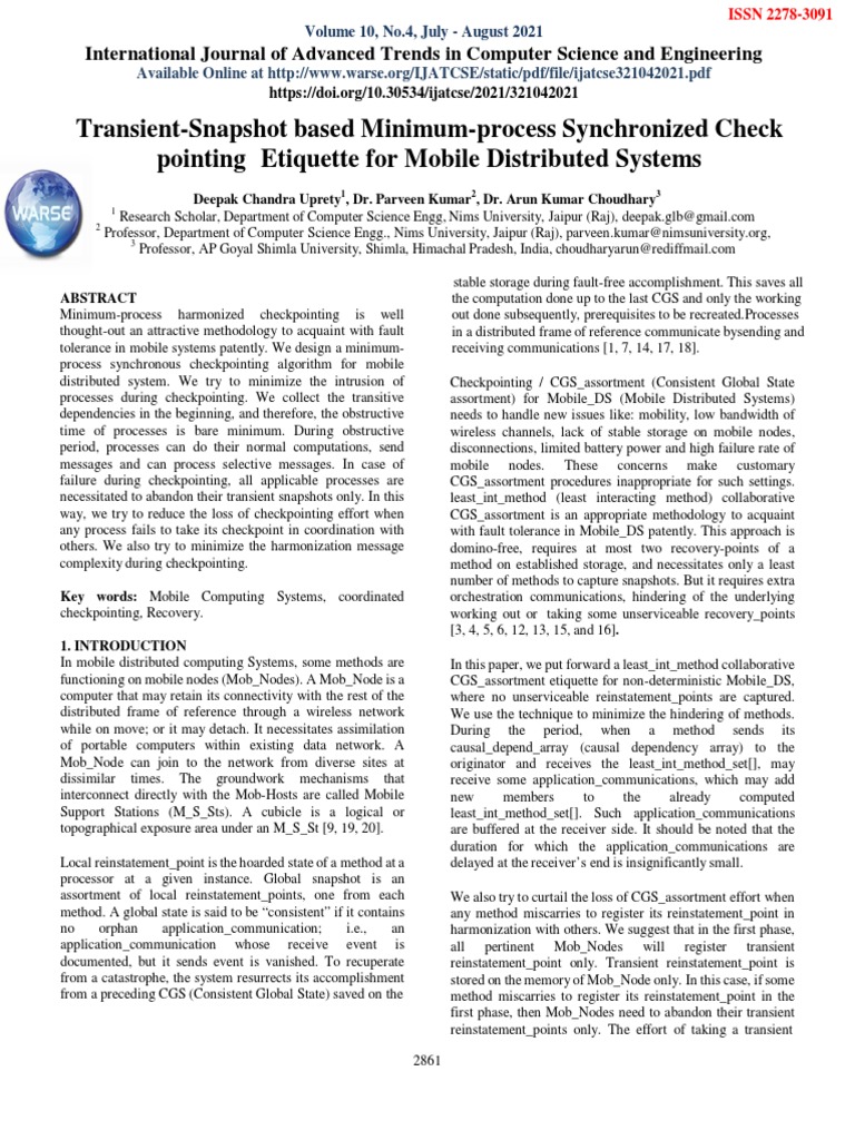Transient Snapshot Based Minimum Process Synchronized Check Pointing Etiquette For Mobile