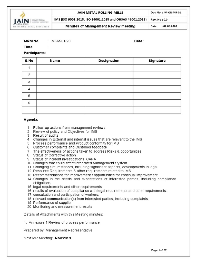 IMS (ISO 9001:2015, ISO 14001:2015 and OHSAS 45001:2018) Minutes of ...