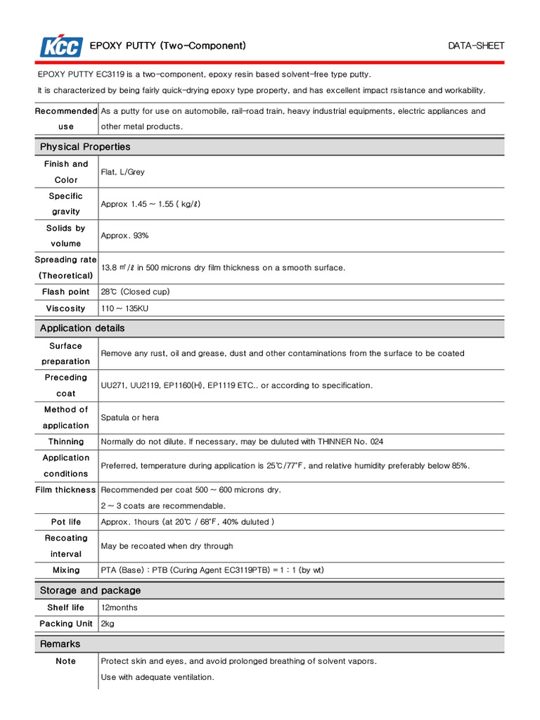 KCC Datasheet Epoxy Putty (Two-Component) Eng | PDF | Epoxy | Materials